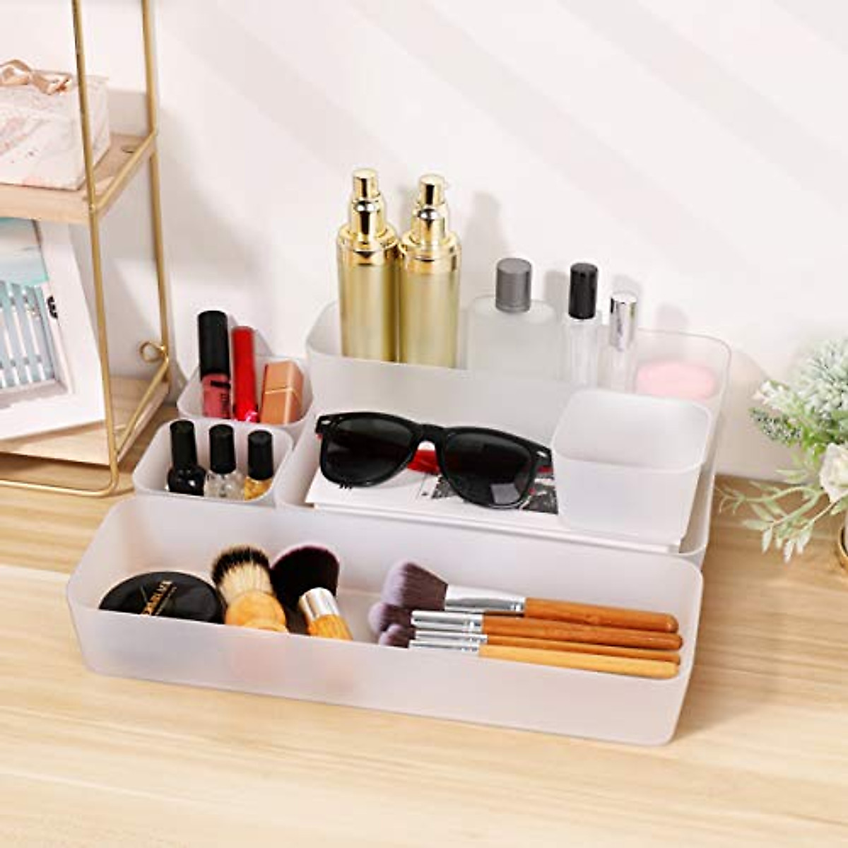 Cabilock Vanity and Desk Drawer Organizers with Shelf Liner(30 * 150mm),Vanity Drawer Organizer Makeup Containers Cabinet Organizers for Kitchen Office Bathroom 7 Pcs/Set