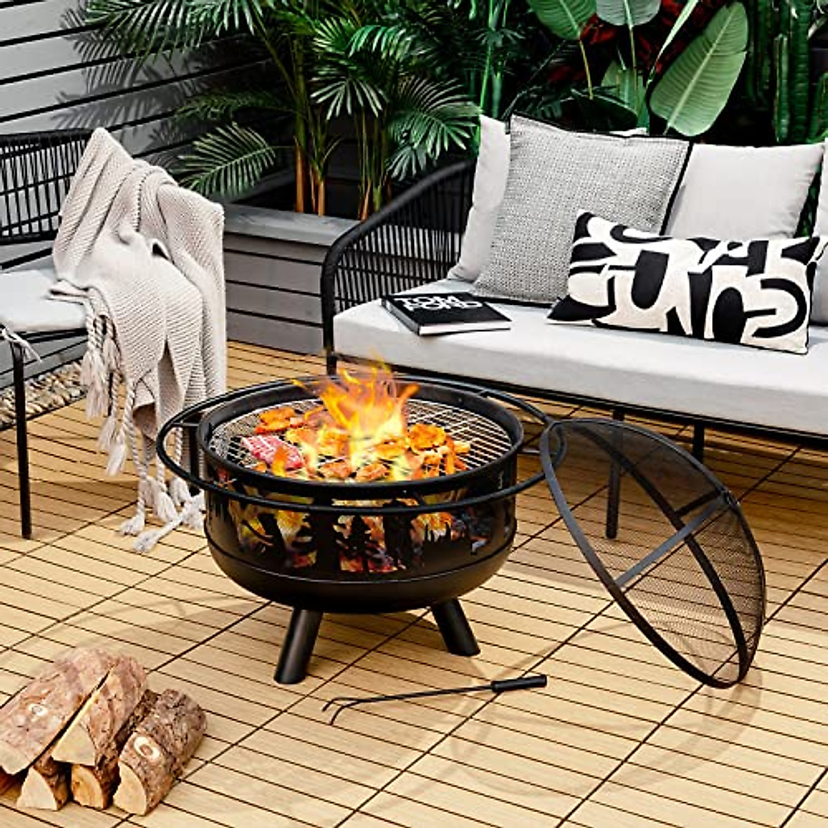Giantex Round Fire Pit, 30 Inch Outdoor Wood Burning Fire Bowl with Fire Poker & Cooking Grill Grid, Spark Screen Cover, Heavy-Duty Metal Firepit for Patio Barbecue Camping Bonfire Party (Black)