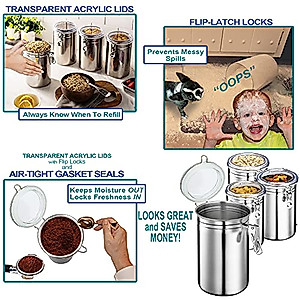 HOMEARRAY Stainless Steel Canister Set - Airtight Food Storage Canisters for Kitchen Counters, Tea, Sugar, Flour, Coffee Sealable Jars with Locking Clamp - Set of 4