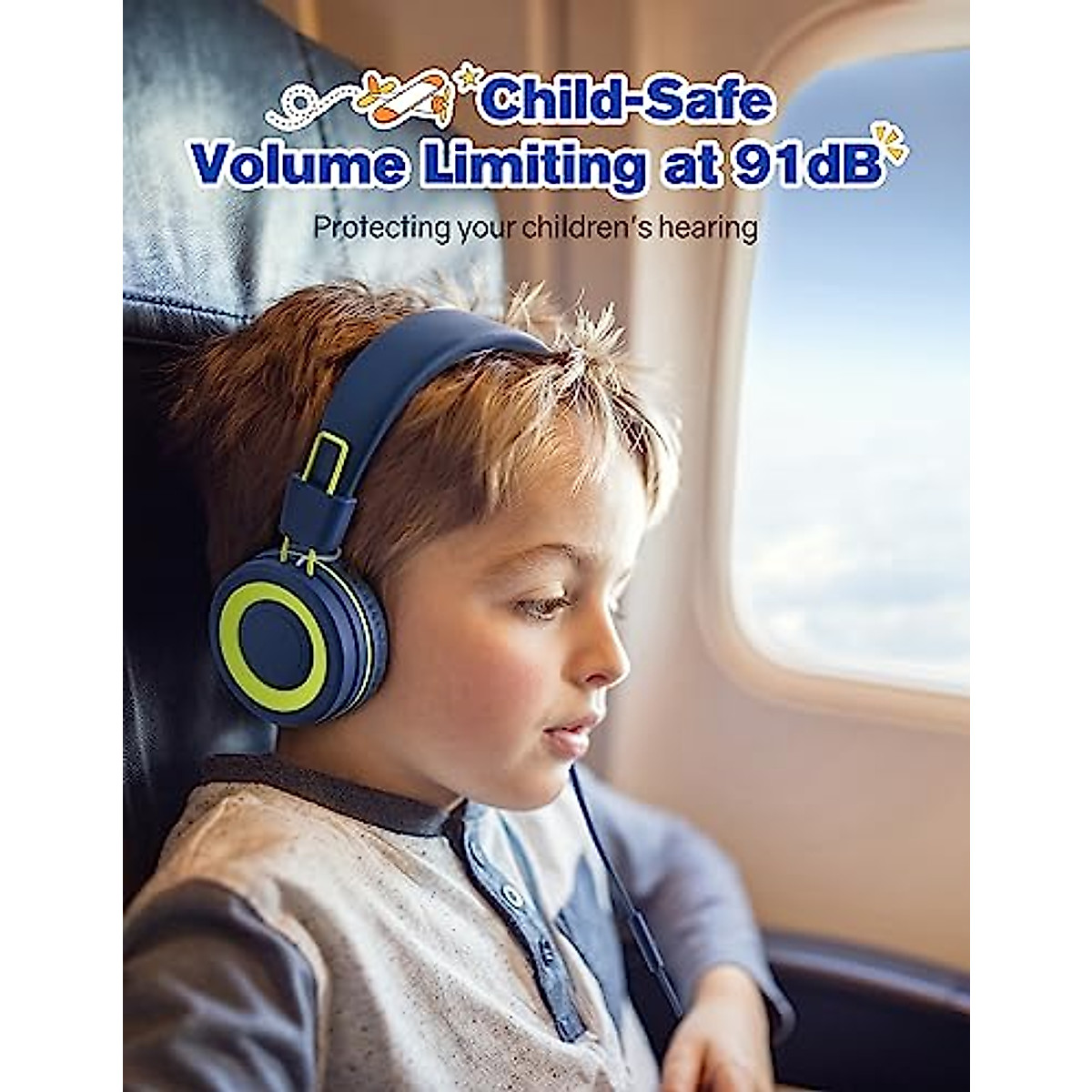 KLYLOP Kids Headphones with Microphone - 91dB Safe Volume Limited, Stereo Sounds, Wired On-Ear Headsets for Kids Teens with Sharing Splitter, Tangle-Free Foldable Headset for School/Tablet/Travel