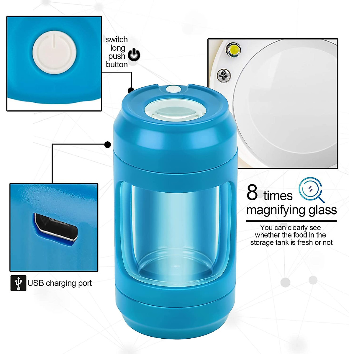 METSHOW Light-Up LED Transparent Seal Storage Jar，Magnifying Viewing Glass Airtight Jar with Grinder ，8 x Magnification Glass (Blue)