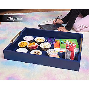 Deluxe Ottoman Tray- Wooden Serving Tray with Handles and Incorporated Cup Holder- Mid Century Modern Décor- Dark Navy Blue Tray 18"x14"x.3