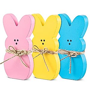 Whaline 3Pcs Easter Bunny Wood Sign Pink Blue Yellow Easter Rabbit Table Centerpiece with 32.8ft Jute Rope Freestanding Bunny Tabletop Tiered Tray Decor for Spring Birthday Home Farmhouse Party