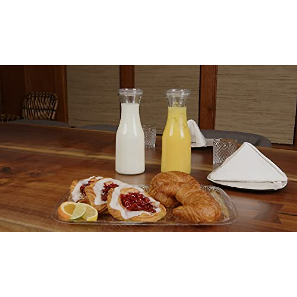 AYL Set of 4 Glass Carafe with Lids, 1 Liter Water Pitcher Beverage Serveware Carafe, Clear Glass Pitcher for Mimosa Bar, Cold Water, Brunch, Wine, Juice, Milk, Iced Tea, Lemonade,1 Hand Pour Lid