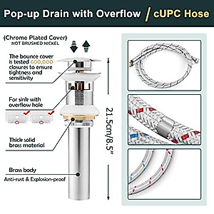 Herogo Bathroom Sink Faucet, Brushed Nickel Waterfall Stainless Steel Bathroom Faucet with Brass Pop Up Drain, Single Handle 1 Hole or 3 Holes Deck Mount Vanity RV Lavatory Faucet with 2 Water Hoses