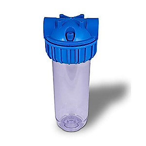 10 inch Transparent Standard Water Filter Housing, Presser Relief Button, 3/4” Inlet/Outlet Brass Port, Accepts Standard 10”x 2.5” Cartridges, 3/4” Brass Port, Mounting Hardware Included (3 Sets)