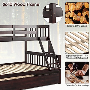 Giantex Twin Over Full Bunk Bed with Trundle, Solid Wood Bunk Bed with Ladder and Guardrails, Convertible to 2 Beds, Triple Bunk Beds for Kids Teens Adults, No Box Spring Needed, Espresso