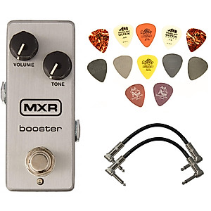 MXR M293 Booster Mini Guitar Effects Pedal Bundle with 2 Patch Cables and Dunlop Pick Pack