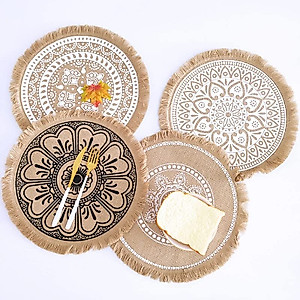 GorinsKani 2 Pieces of Cotton Thread Embroidery Table mat Jute Table mat Decoration mat Round Tassel Side Table mat Heat Insulation mat Anti-Slip Kitchen mat Home Decoration (Tassel Style E)