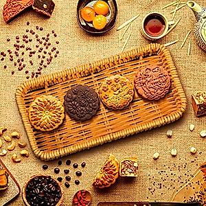 3 Pcs Rattan Serving Tray Rectangular Wicker Basket Woven Rattan Basket Tray Handmade Weaving Storage Basket Organizing Bathroom Platter for Coffee Bread Fruit Drinks Snack Table Countertop, 3 Sizes