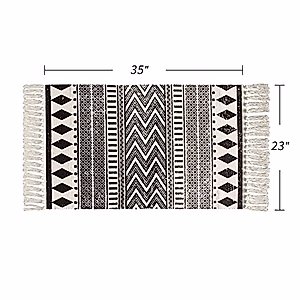 MitoVilla Black White Small Boho Bathroom Rug 2'x3', Vintage Kitchen Area Runner Rugs, Cream Tassel Boho Rug for Bedroom, Beige Farmhouse Geometric Throw Rug, Tribal Washable Bohemian Bath Mat