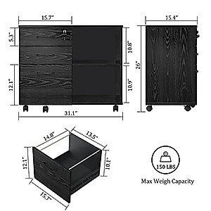 Wood File Cabinet, 3 Drawer Mobile Lateral Filing Cabinet On Wheels, Printer Stand with Open Storage Shelves for Home Office (Black 2)