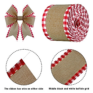 2 Rolls Christmas Buffalo Plaid Wired Edge Ribbons Christmas Tree Burlap Fabric Craft Ribbon Wrapping Ribbon with Checkered Edge, 216 Inch (Red and White,2.5 Inch Width)