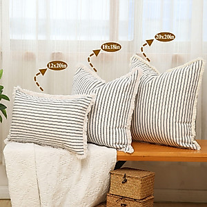 Hckot Throw Pillow Covers 18x18 Set of 2 Striped Pillow Covers with Fringe Chic Cotton Decorative Pillows Square Cushion Covers for Sofa Couch Bed Living Room Farmhouse Decor,Grey