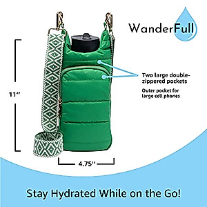 WanderFull Crossbody HydroBag - Water Bottle Holder - Quilted Bottle Bag - Water Bottle Carrier with Strap - Stylish Puffer Tote for Water Bottle (Green with Patterned Strap)