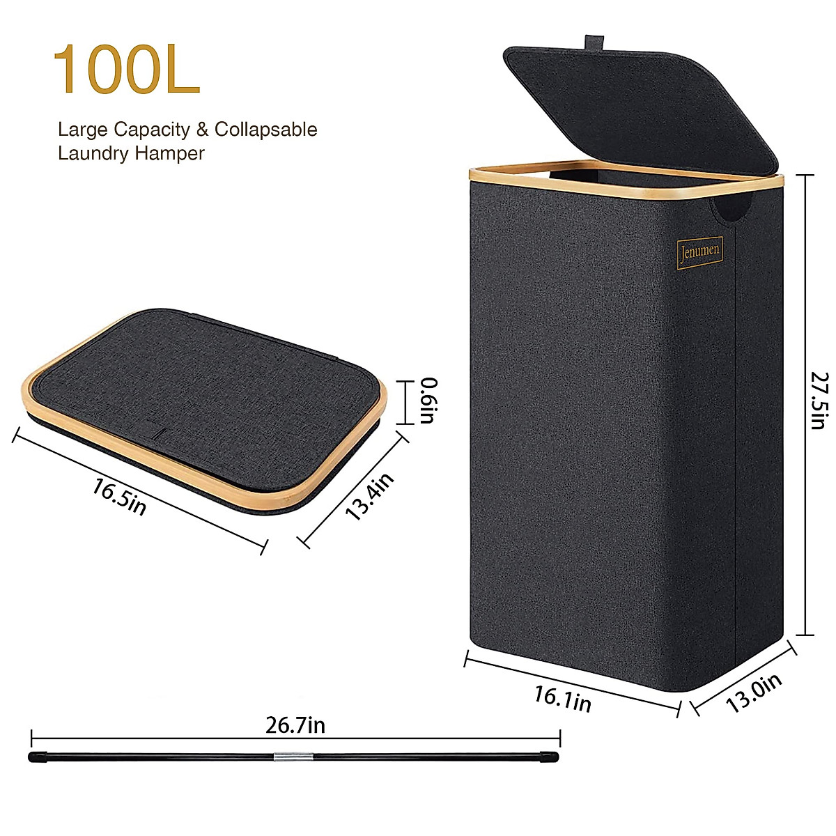 Jenumen 100L Large Black Laundry Hamper, XL Waterproof Laundry Basket with Handles and Lid for Clothes Storage in Bedroom Bathroom Laundry Bin