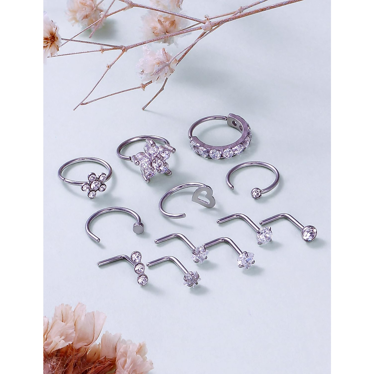 Ftovosyo 20G Surgical Steel Nose Rings Hoop for Women Men, Paved CZ Flower Piercing Jewelry L Shaped Nose Ring Stud Set