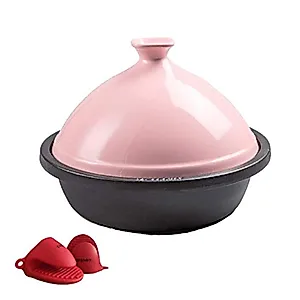 MYYINGBIN 30Cm Tagine Pot with Enameled Cast Iron Base Cone-Shaped Lid and Anti-Hot Silicone Gloves Housewarming Gift, Pink