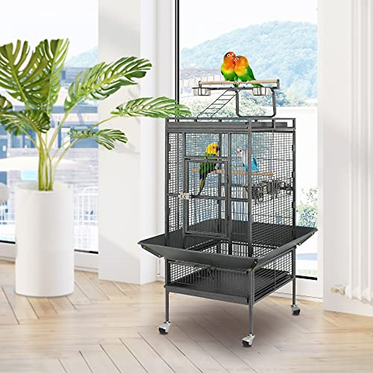 SUPER DEAL PRO 61-inch 2in1 Large Bird Cage with Rolling Stand Playtop Parrot Chinchilla Finch Cage Macaw Conure Cockatiel Cockatoo Pet House Wrought Iron Birdcage, Black