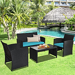 Goplus Rattan Patio Furniture Set 4 Pieces, Outdoor Wicker Conversation Sofa and Table Set with Soft Cushions & Tempered Glass Coffee Table for Balcony Garden Backyard (Turquoise)