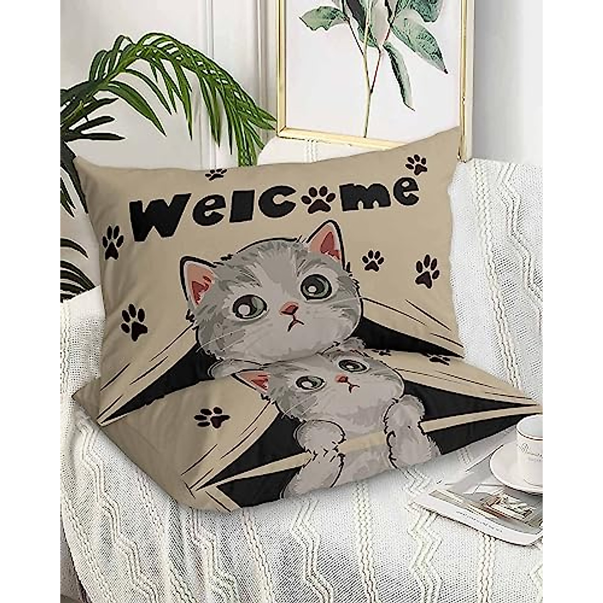 Edwiinsa Funny Cute Cat Pillow Covers Standard Size Set of 2 20x26 Bed Pillow, Black Paws Rustic Retro Beige Plush Soft Comfort for Hair/Skin Cooling Pillowcases with Envelop Closure