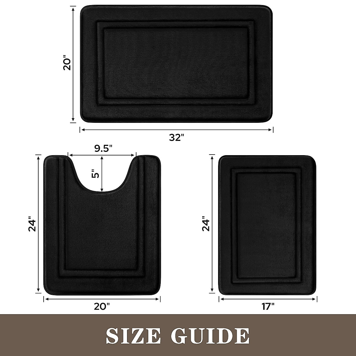 BYSURE Black Memory Foam Bath Mat, Non Slip Extra Soft Absorbent Machine Washable, Bathroom Rugs Sets 3 Piece for Toilet Shower Sink