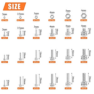 HELIFOUNER 510 Pieces Phillips Pan Head Machine Screws Nuts Washers Assortment Kit, Stainless Steel 304, Full Thread (M2 M2.5 M3 M4 M5 M6)