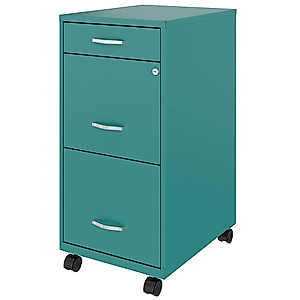 Space Solutions 18 Inch Wide Metal Mobile Organizer File Cabinet for Office Supplies and Hanging File Folders w/Pencil Drawer & 3 File Drawers, Teal
