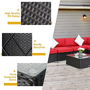 Kinfant Outdoor Patio Furniture Sofa - 7 PCs PE Black Wicker Sectional Sofa Sets with Glass Table and Cushions for Backyard, Pool (Red)