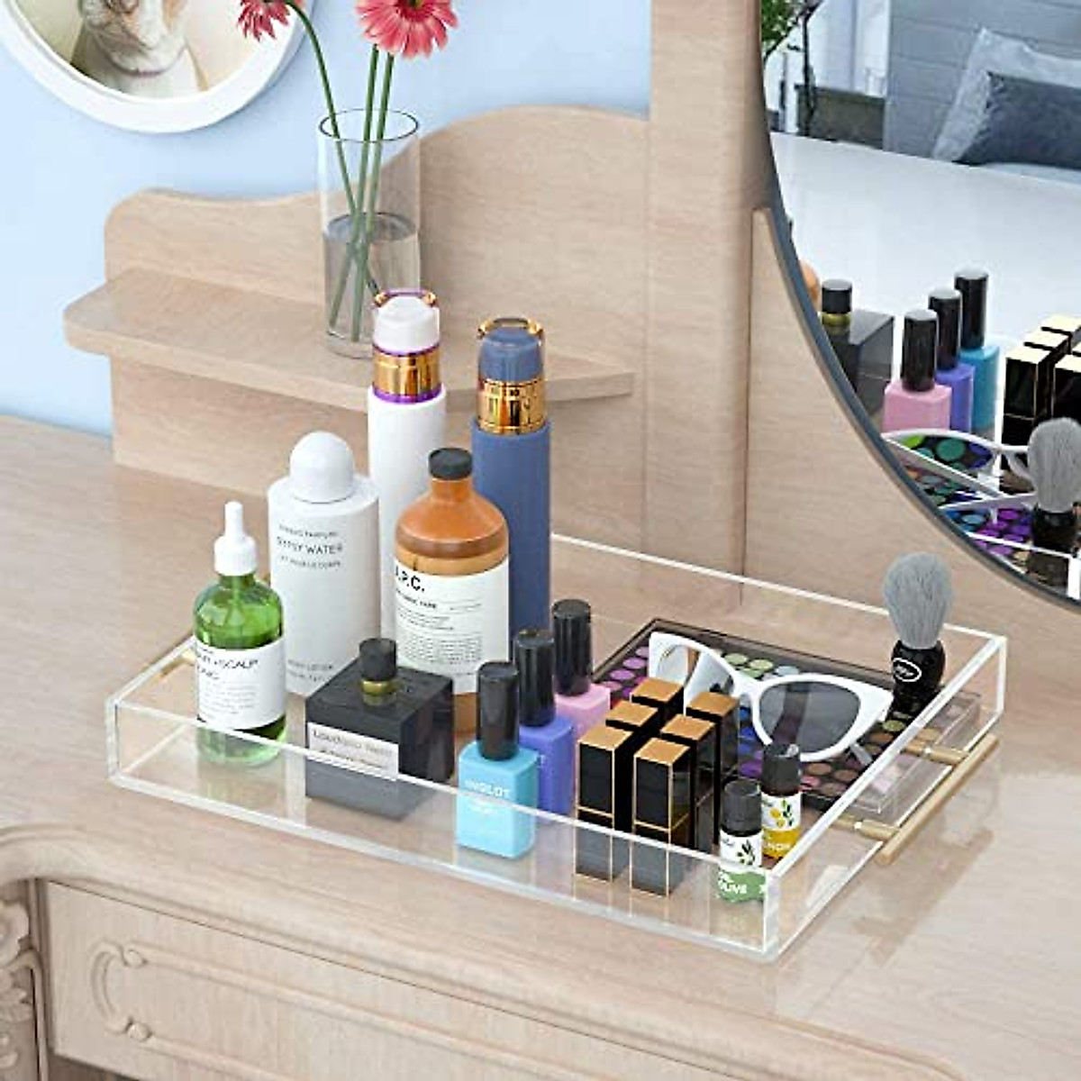 HIIMIEI Acrylic Serving Tray 12x16 Inch, Clear Trays with Gold Handles, Decorative able Tray for Coffee, Appetizer, Breakfast, Bathroom, Vanity