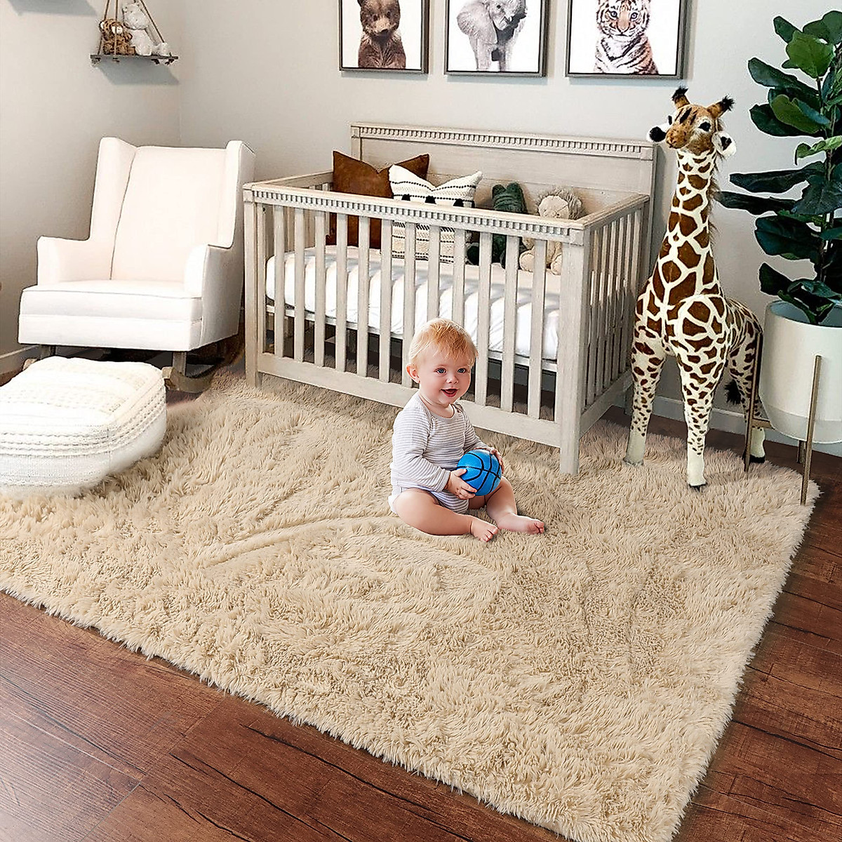 Amangel Ultra Soft Fluffy Shag Rug, Fuzzy Area Rug for Bedroom, 4' x 6', Plush Shaggy Carpet for Living Room, Cute Furry Rugs for Kids Girls Room Baby Nursery Home Decor, Luxury Floor Carpet, Beige