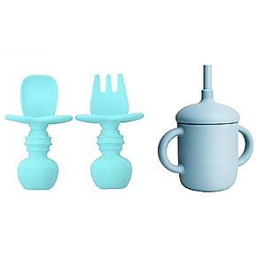 Toddler Self-feeding Silicone Tiny Cup Fork Spoon Set – Silicone Utensils For Weaning Babies, Microwave, Dishwasher & Oven Baby Led Weaning Stage 1 For 6mos+ Anti Choke Barrier BPA Free (Sky Blue)