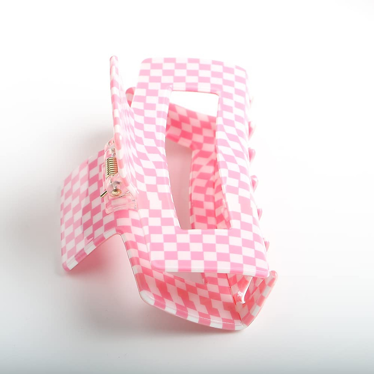 Checkered Hair Claw Clips,Pack of 1,Vintage Checkered Claw Clips Cellulose Acetate Banana Clips,Nonslip Banana Hair Clamp for Women Girls (Pink,L)