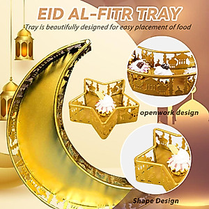 AOCEAN 2 Pcs Golden Ramadan Serving Tray Elegant Eid Mubarak Dessert Plate with Moon and Star Design Stylish Food Container for Ramadan Table Decor and Festive Gatherings (Carve)