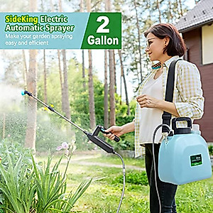 SideKing Battery Powered Garden Sprayer 2 Gallon, Upgrade Powerful Electric Sprayer with 3 Mist Nozzles, Retractable Wand, Rechargeable Handle with Adjustable Shoulder Strap for Lawn & Garden