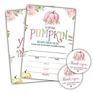 Ketsord 20 Baby Shower Invitations & Thank You Stickers - A Little Pumpkin Is On Her Way Invites, Envelopes And Adhesive Round Thank You Stickers, Gender Reveal, Baby Announcement Party Favor (A07)