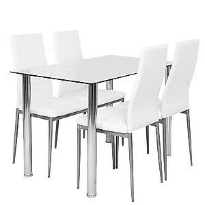 HomVent Dining Table Set for 4, Small Tempered Glass Dining Room Table Set, Kitchen Table and Chairs for Small Spaces, Transparent,White Modern 110cm, Stainless Steel PU Leather