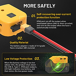 Azocek Multi-Functional USB Charger Adapter & 20V Battery Adapter for Dewalt 20V Battery, with 2 USB Ports & 1 Type-C Fast Charging Ports, with DC XT60 Port for DIY(1-Pack)