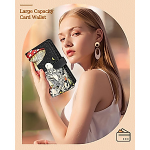 Bistup 【46 Slots Credit Card Holder for Women Ladies Female Teen Girls Rfid Genuine Leather Cardholder Large Capacity Size Big Billfold Wallets Skeleton Mushroom Cute Girly Aesthetic Print Unique