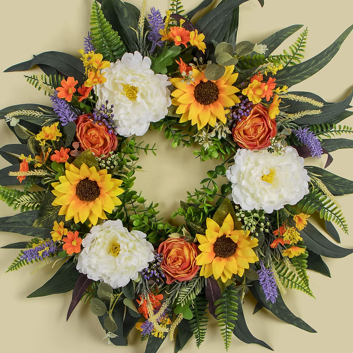 Kmise Spring Wreath Fall Decor Wreath for Front Door-24 Inch Summer Peony Eucalyptus Wreaths for Front Porch Farmhouse Home Decor