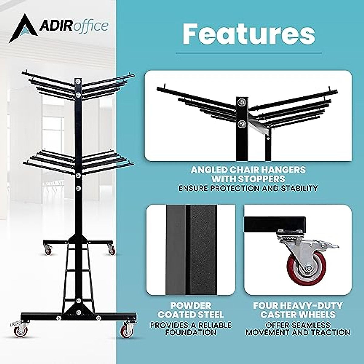 AdirOffice Two Tier Folding Chair Cart- Hanging Foldable Seats Wheeled Carrier - Steel Body Truck with Locking Swivel Caster Wheels - Up to 400 Lbs Weight Capacity and Holds 48 Folding Chairs