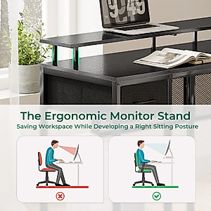 Huuger L Shaped Desk Gaming Desk with LED Lights & Power Outlets, Computer Desk with Storage Shelves, Corner Desk Home Office Desk, Black