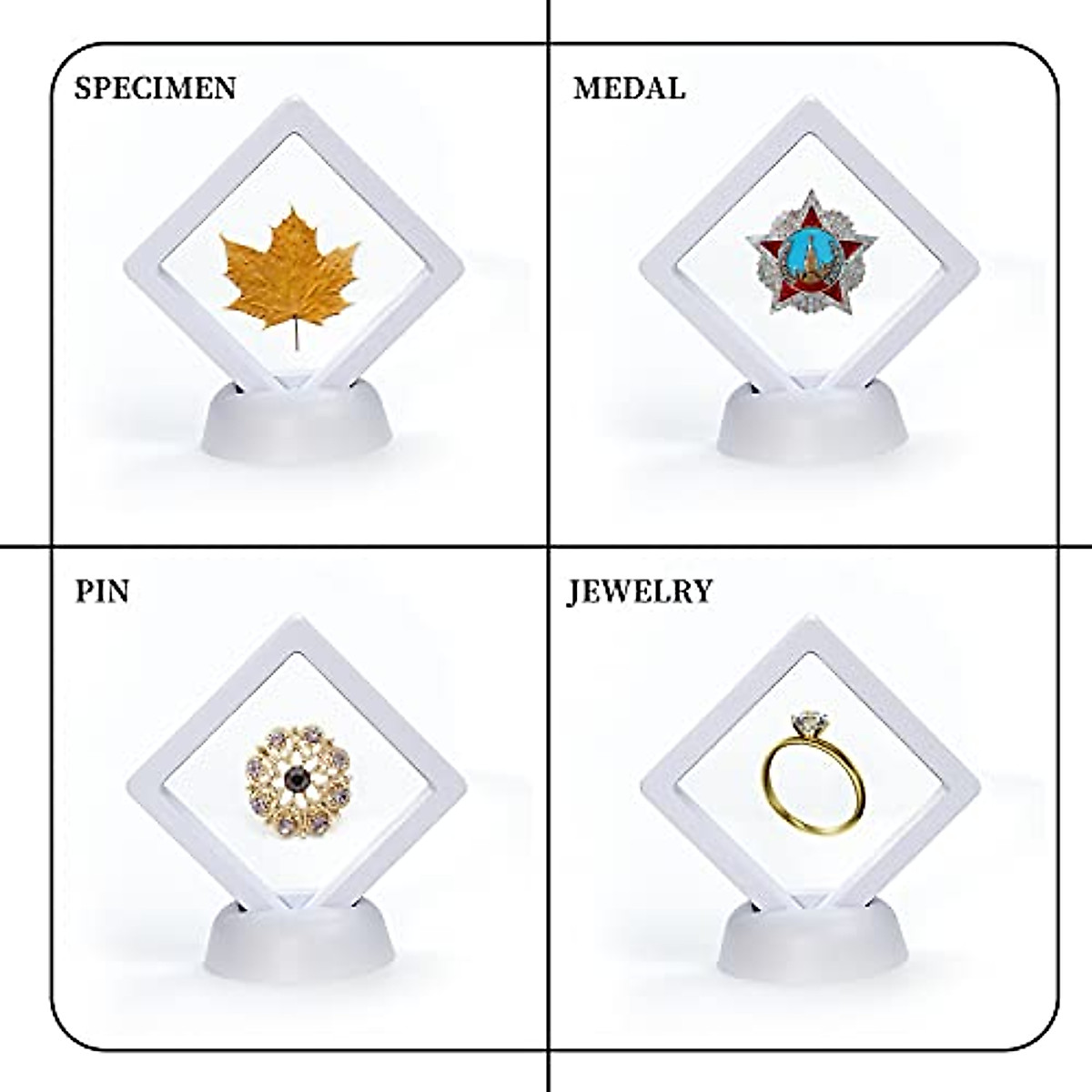 KMOTASUO 12Pcs 3D Floating Thin Film Jewelry Storage Box, Transparent Frame Display Case Holder for Necklace Bracelet Earring, Dustproof Challenge Coin Medallion Display Case Stand (White)