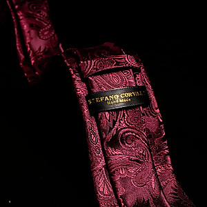 ROBERTO GABBANI Mens Burgundy Silk Tie and Pocket Square Cufflinks Clip Set, Designer Woven Necktie Set for Wedding Business Prom