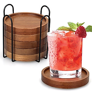 6 Pcs Best Wooden Coasters with Holder Coffee Table Coasters for Drink Acacia Wood Coaster Set Modern Cup Coasters Cute Beer Coaster Bar Coasters Decorative Beverage Rustic Outdoor Coasters