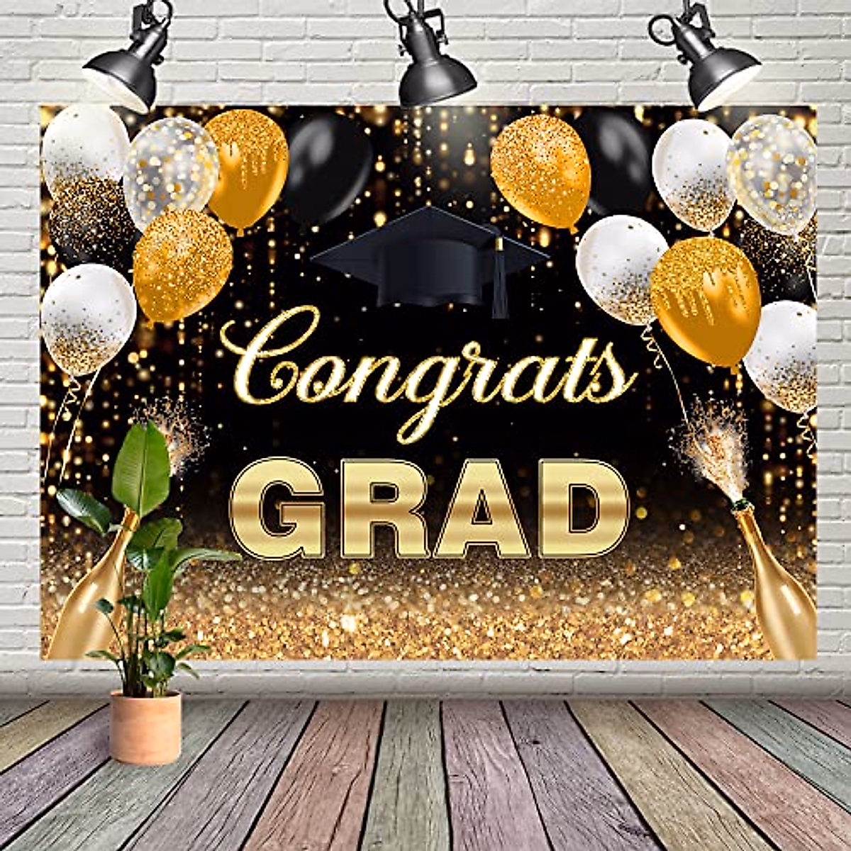 7x5ft Graduation Backdrop Congratulations Graduates Grad Background Class of 2023 Black and Gold Balloon Dots Caps Prom Photography for Senior Year Graduation Party Decoration Banner Supplies