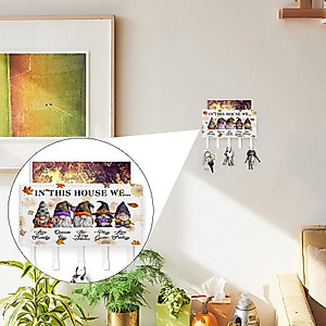 in This House We Key Holder Gnome Personalized Family Member Name Wall Mount Key Hooks Holder Farmhouse Harvest Thanksgiving Self Adhesive Key Hanger Organizer for Entryway Front Door 7x4 inch