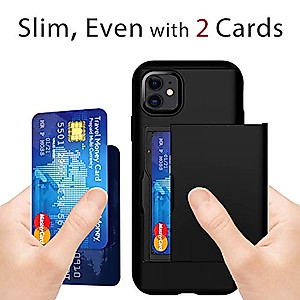SUPBEC iPhone 11 Case with Card Holder and [Screen Protector Tempered Glass x2Pack] iPhone Wallet Case Cover with Shockproof Silicone TPU + Anti-Scratch Hard PC - Full Protective-2019-6.1"-Black