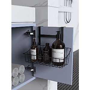 MaraFansie Grid Storage Basket, Over the Cabinet Door Organizer, Wire Hanging Basket with Hook Over the Cabinet/Railing, Under Sink Kitchen Cabinet, Pantry, Bathroom, Small, Black, 2 Pack