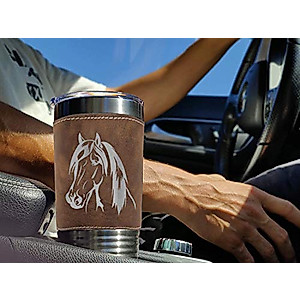 LaserGram 20oz Vacuum Insulated Tumbler Mug, Horse Head 1, (Faux Leather, Rustic)